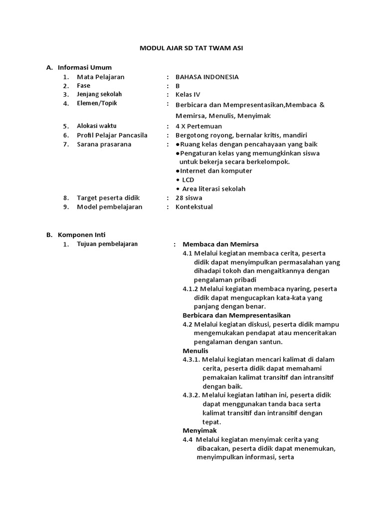Modul Ajar Bhs Indonesia Kls 4 | PDF