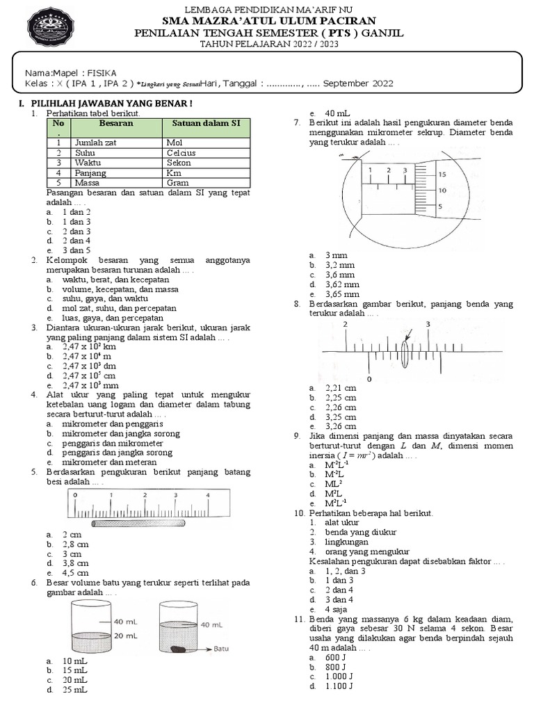 Soal PTS Ganjil Fisika Kelas X Sma Mu THN 2022 | PDF