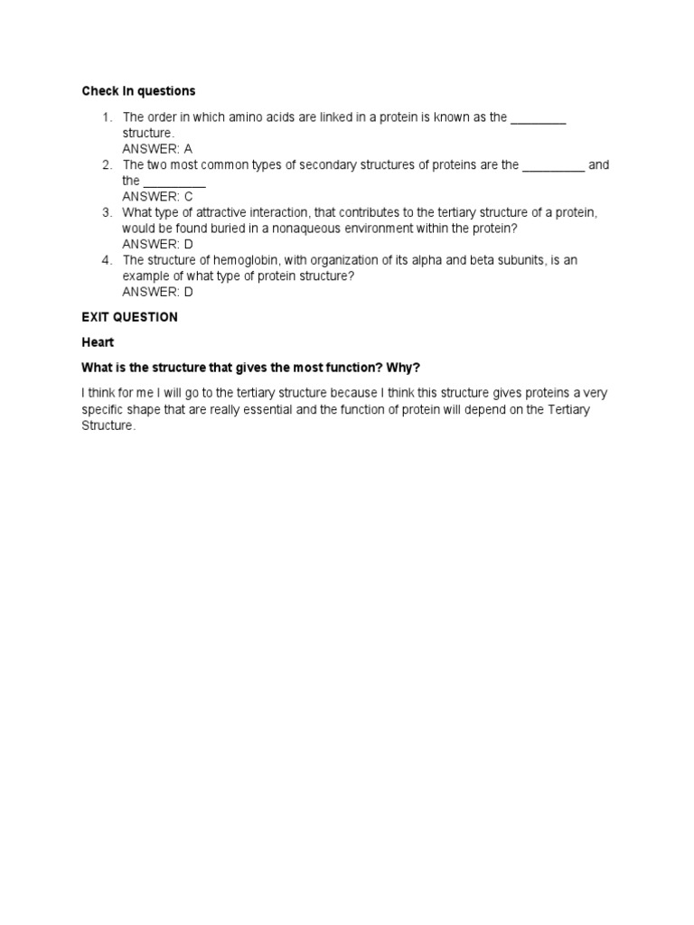Protein Structure Check-In Questions | PDF | Career & Growth