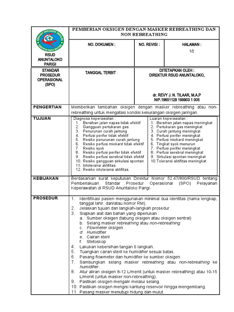 SPO PEMBERIAN OKSIGEN DENGAN MASKER REBREATHING DAN NON RE | PDF