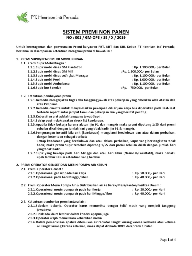 Ketentuan Premi Karyawan PT Henrison | PDF
