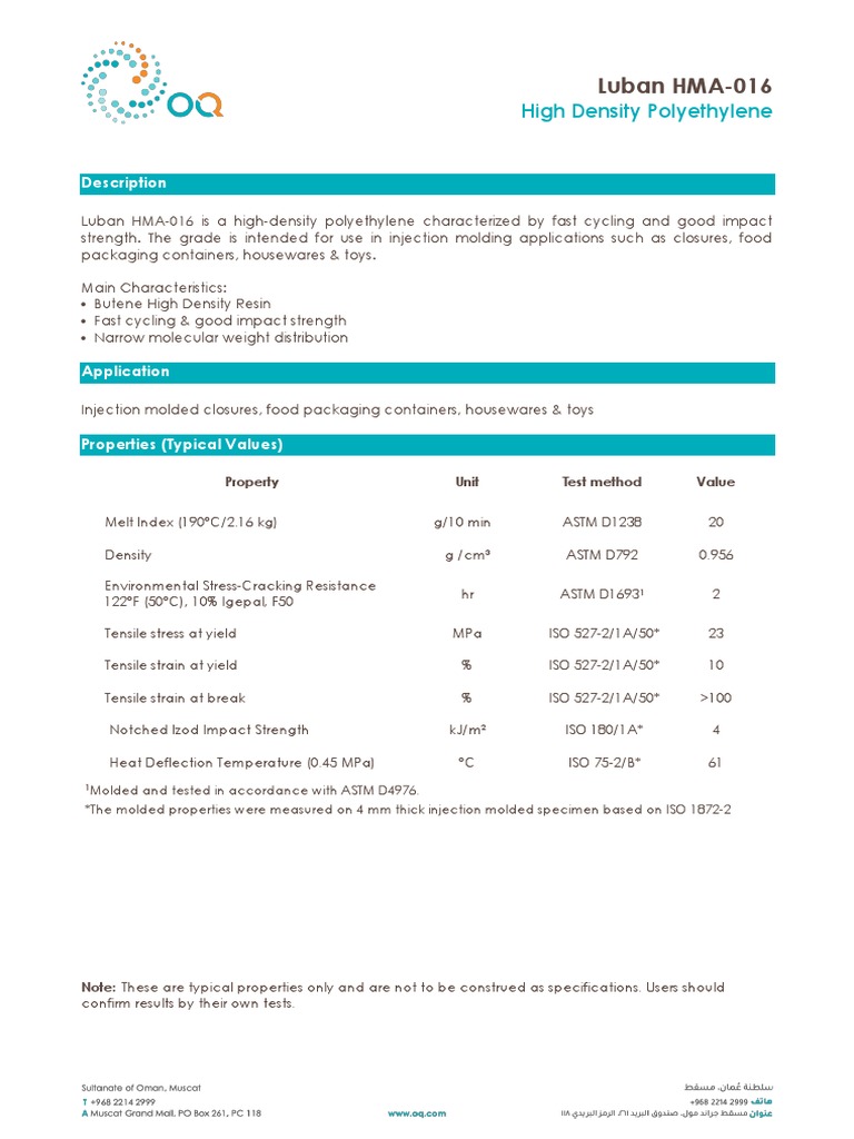 TDS - Hma 016 - Astm - Iso | PDF | Strength Of Materials | Polyethylene