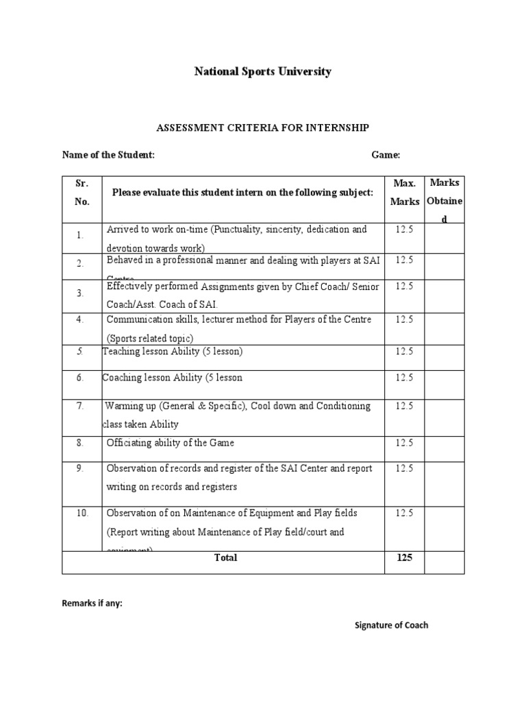 Assessment Criteria of Internship | PDF