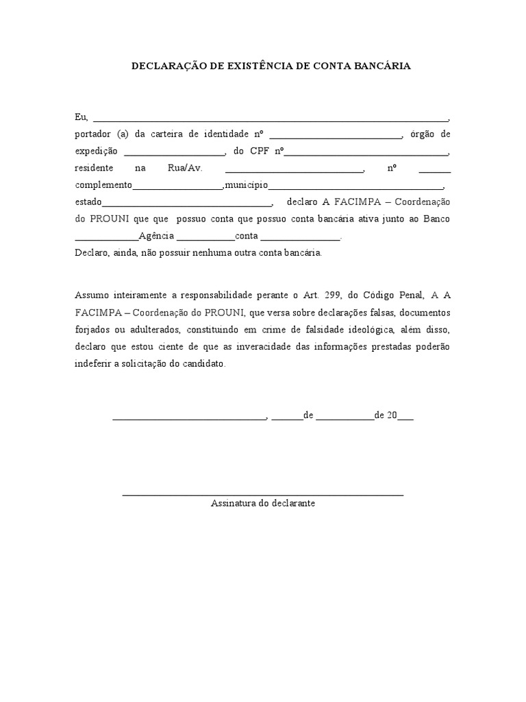 Modelo de Declaracao Conta Bancaria Prouni | PDF
