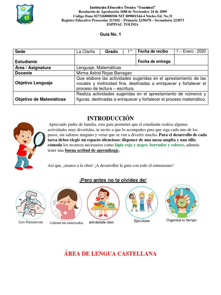 Guía N°1 Grado Primero Año 2021 | PDF | Educación de la primera ...