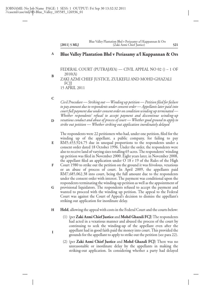 Blue Valley Plantation BHD V Periasamy Al Kuppannan & Ors | PDF | Liquidation | Judgment (Law)