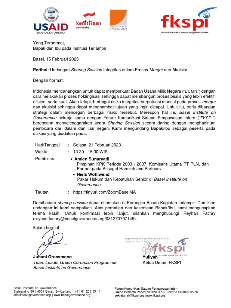 Undangan Dan TOR M&A Sharing Session Basel - FKSPI - Signed | PDF