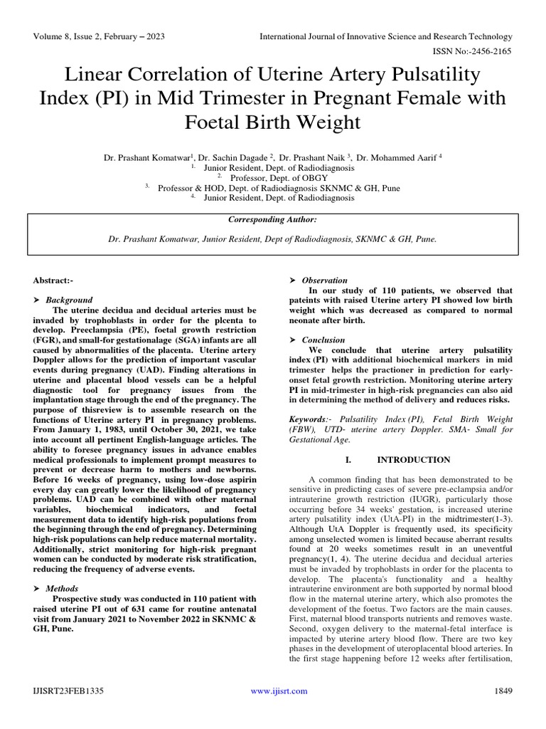 Linear Correlation Of Uterine Artery Pulsatility Index Pi In Mid