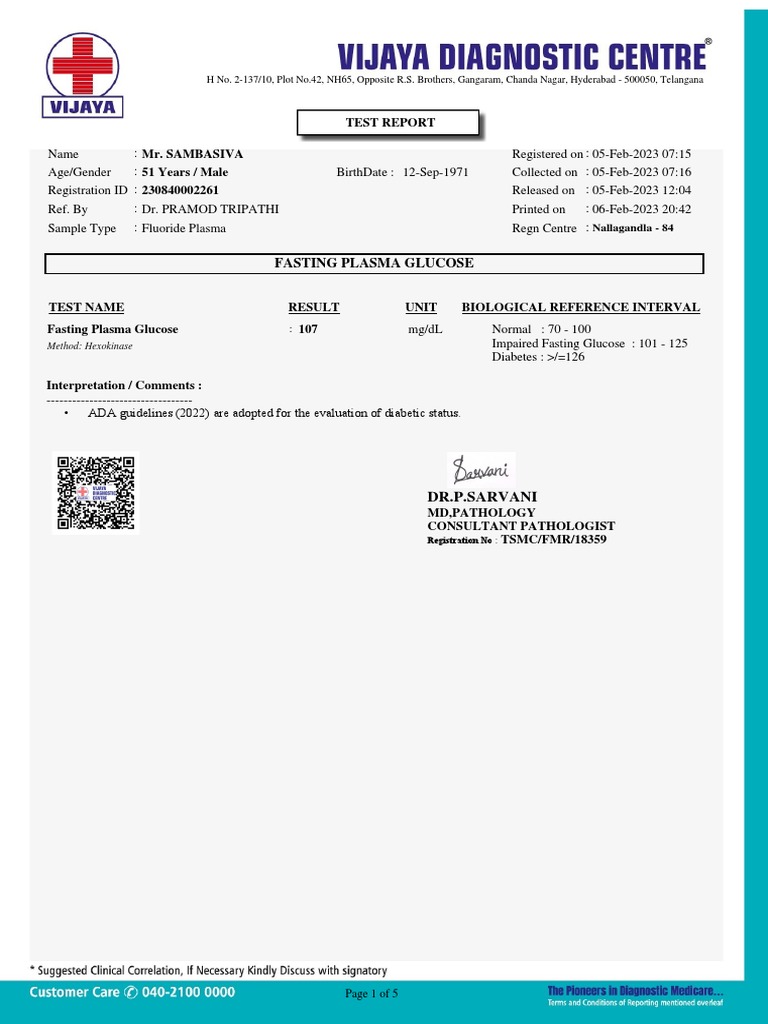 Fasting Plasma Glucose: Test Report Mr. Sambasiva 51 Years / Male | PDF ...