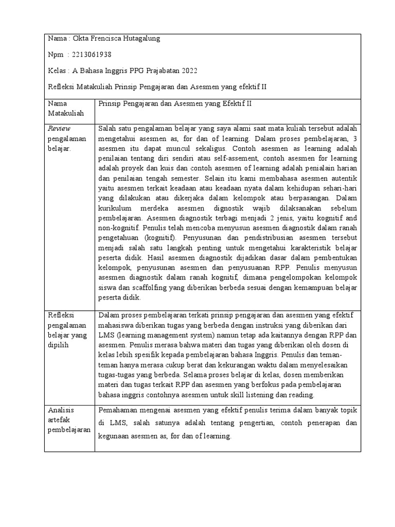 Jurnal Refleksi Prinsip Pengajaran Dan Asesmen Yang Efektif 2 | PDF