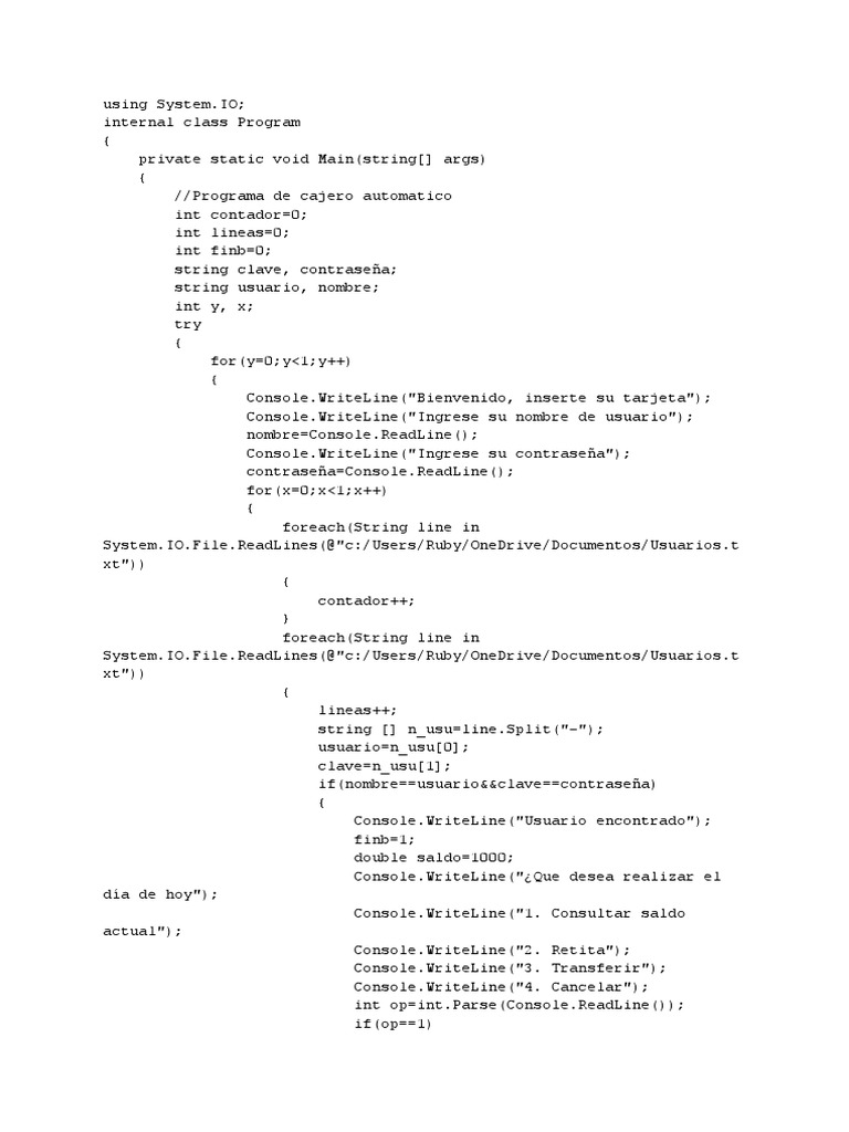 Cajero Con Lectura De Documento En C Descargar Gratis Pdf C Sharp Lenguaje De Programación