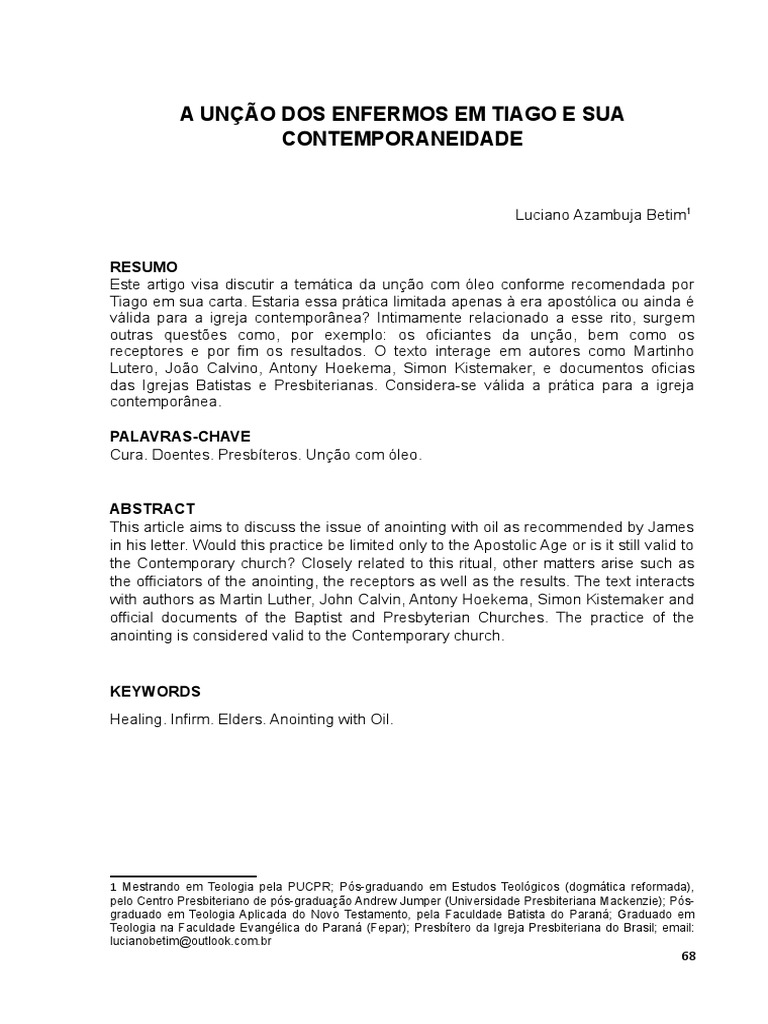 A Uncao Dos Enfermos em Tiago e Sua Contemporaneidade Luciano Azambuja PDF | Download grátis PDF ...