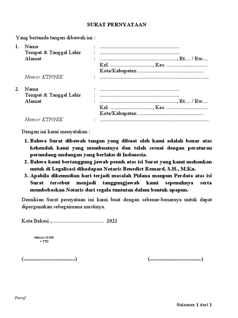 Draft Surat Pernyataan Legalisasi | PDF
