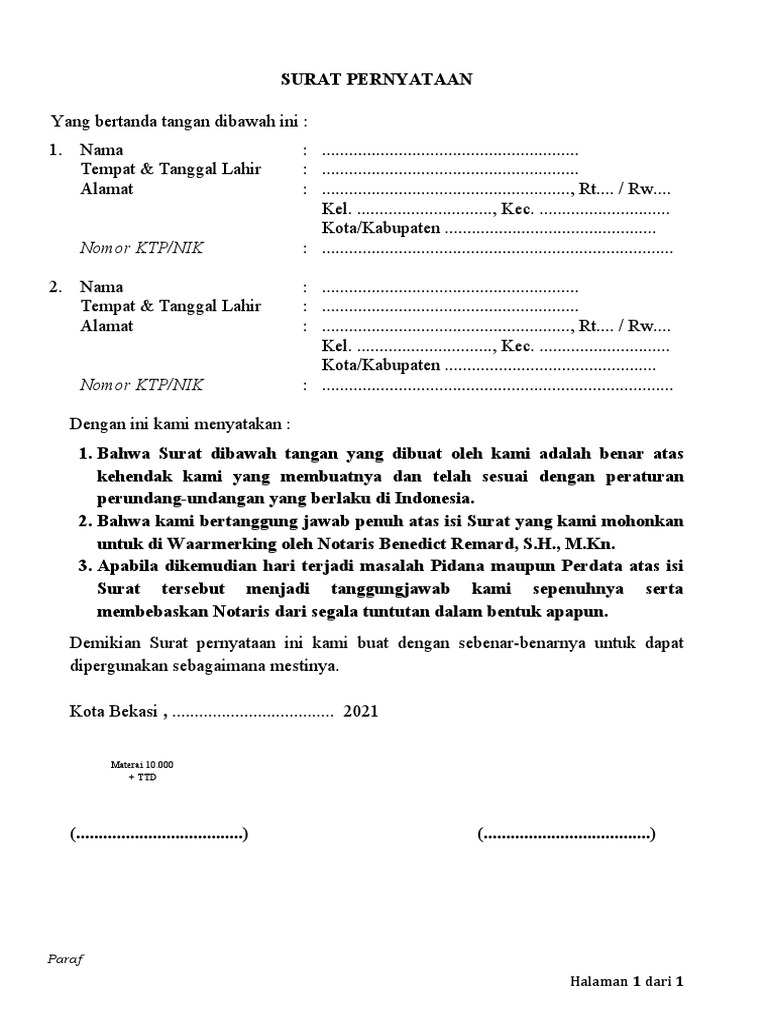 Draft Surat Pernyataan Waarmerking | PDF