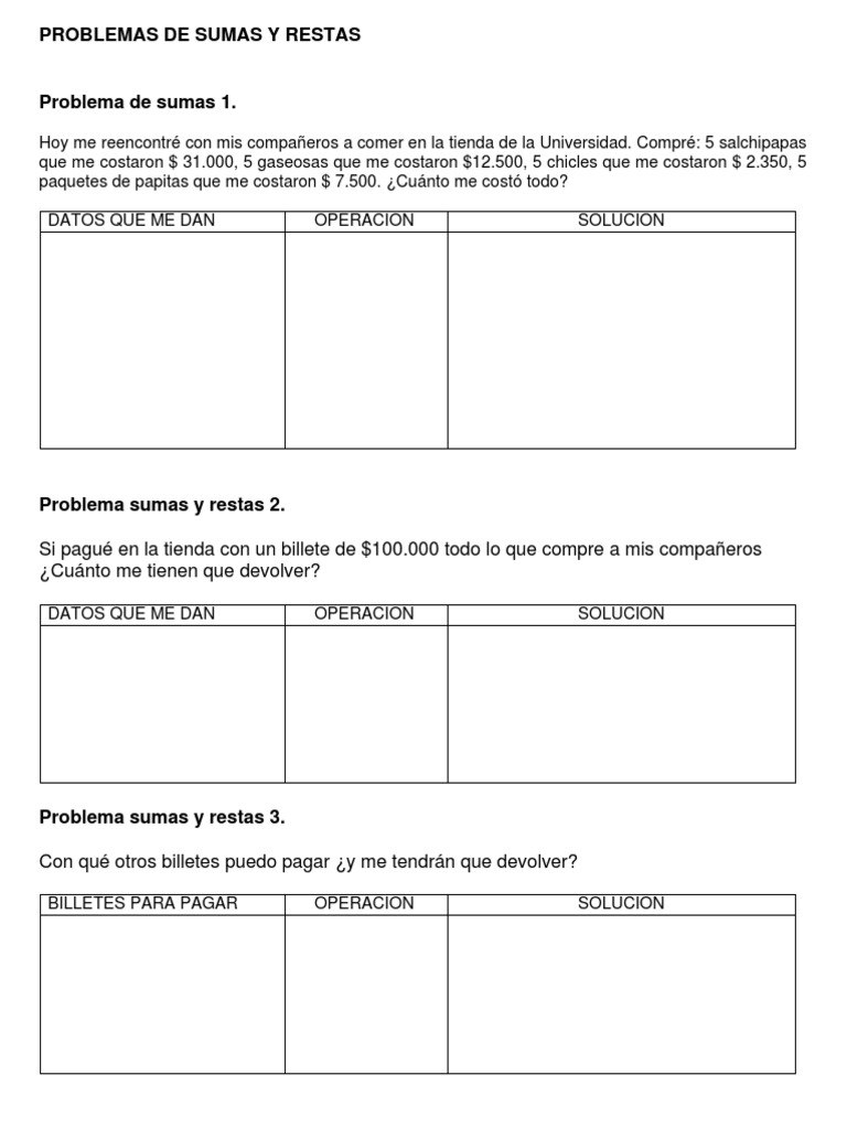 Problemas de Sumas y Restas Con Dinero | PDF | Comida y bebida | Alimentos