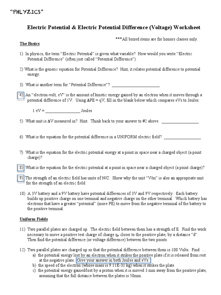 D9 Potential and Voltage Worksheet | PDF