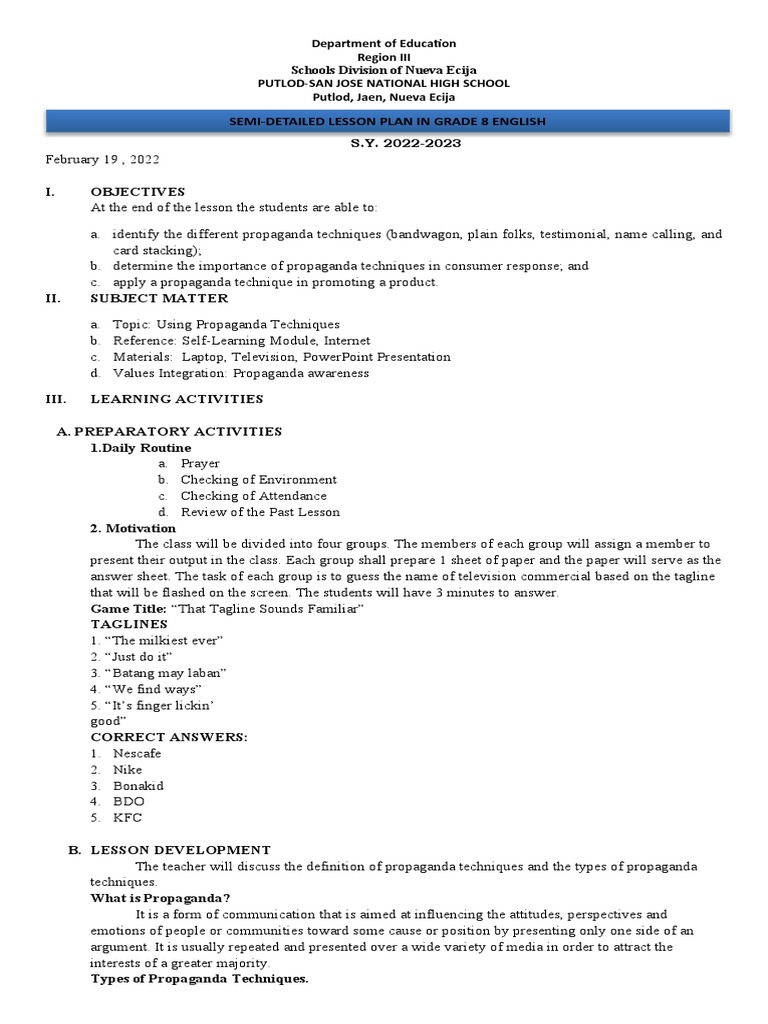 Day 1 (Week 2 LP) - Using Propaganda Techniques | PDF | Propaganda | Learning