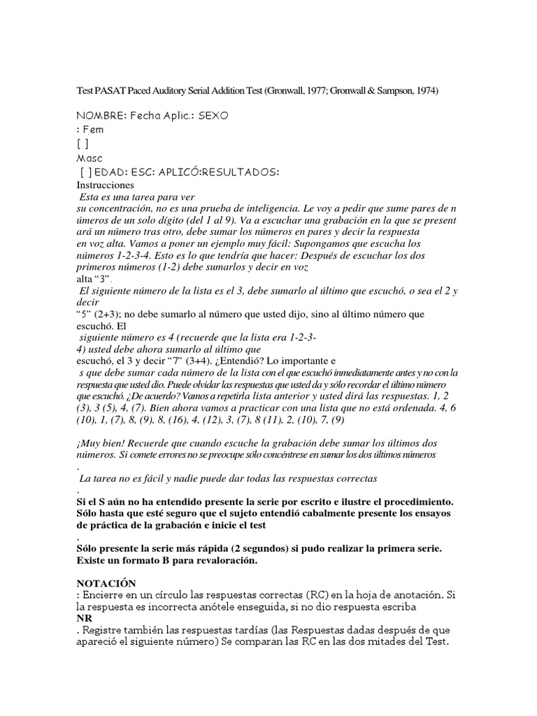 Test PASAT Paced Auditory Serial Addition Test | PDF