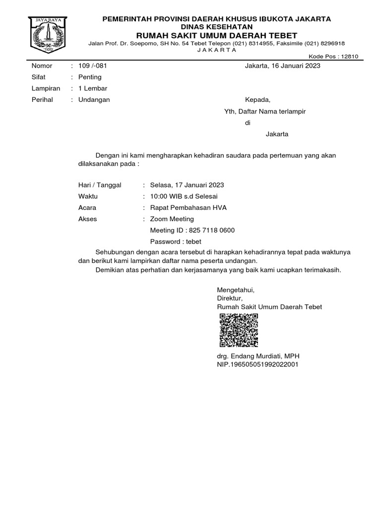 Undangan Rapat HVA RSUD Tebet | PDF