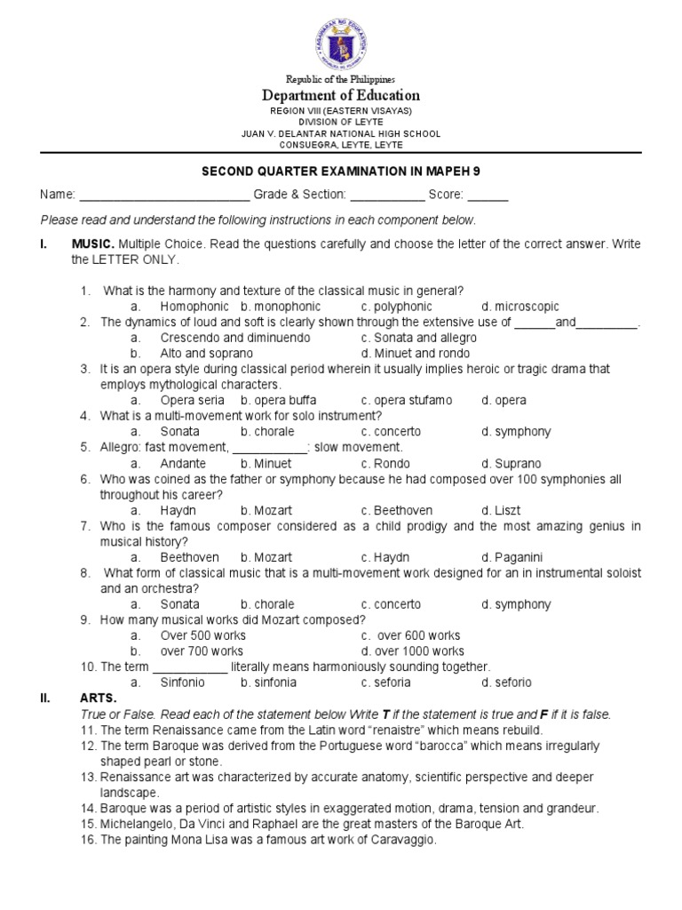 Q2 Exam Mapeh 9 | PDF | Orchestras | Opera