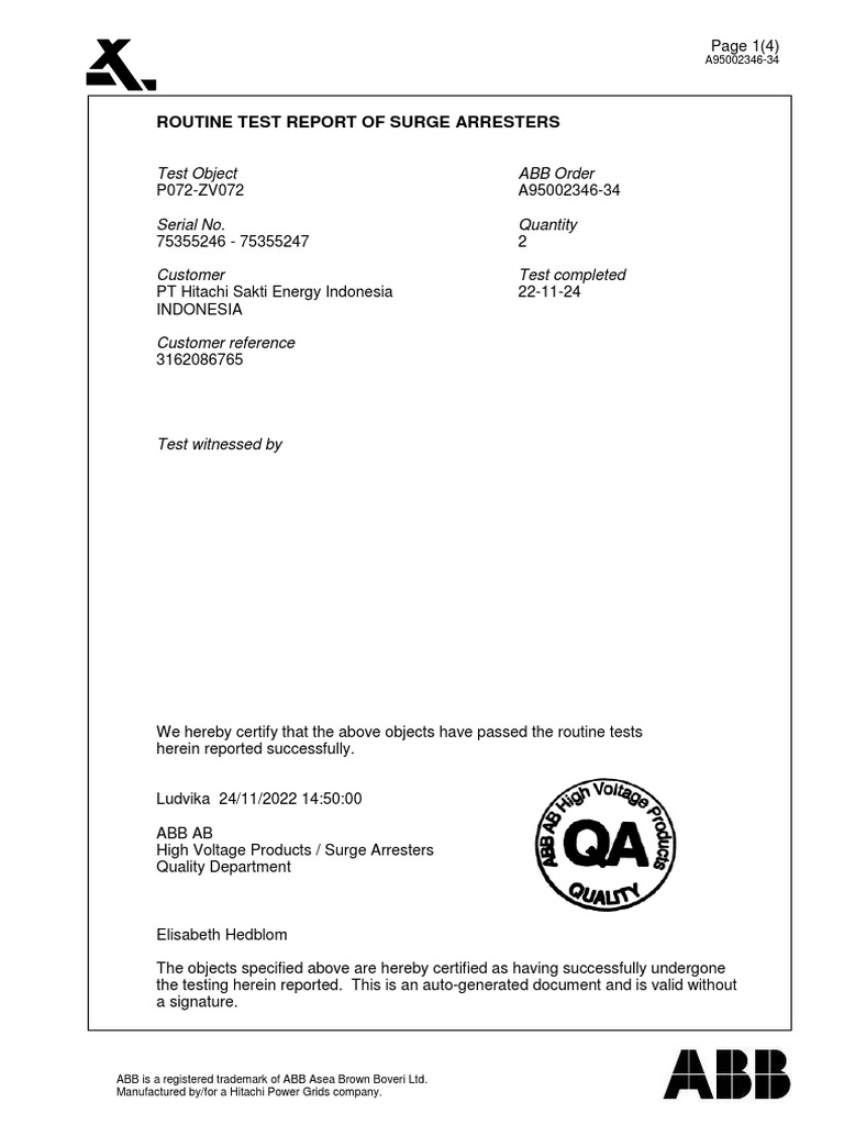 Routine Test Report of Surge Arresters: Test Object ABB Order | PDF