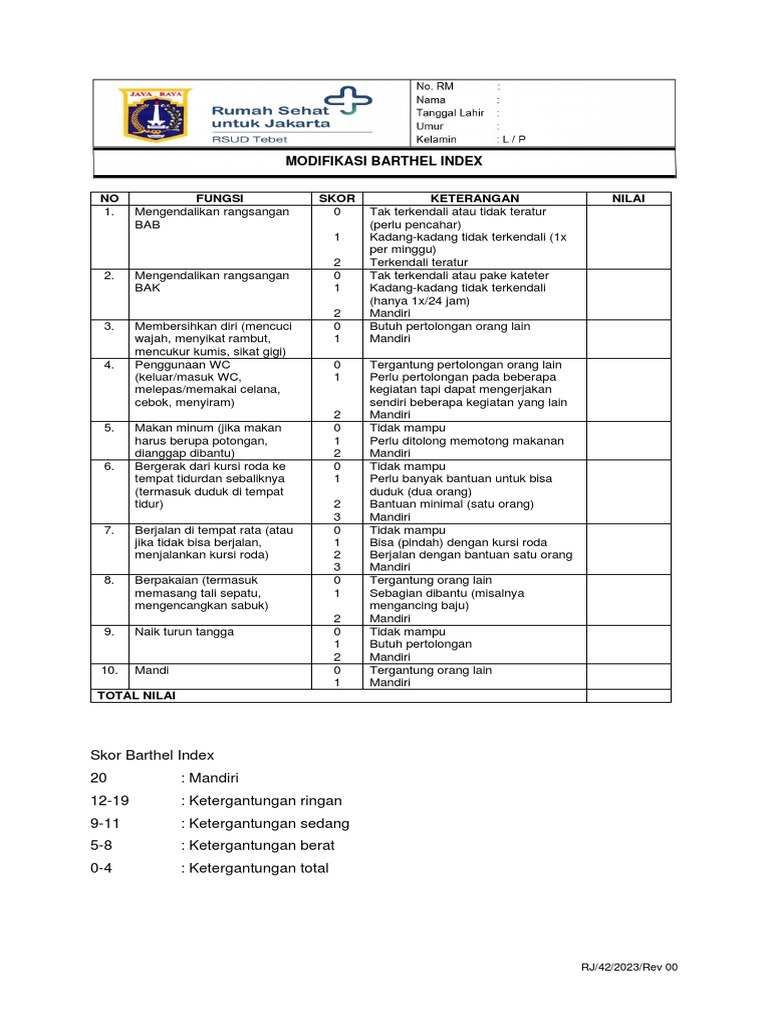 Skor dan Interpretasi Barthel Index | PDF