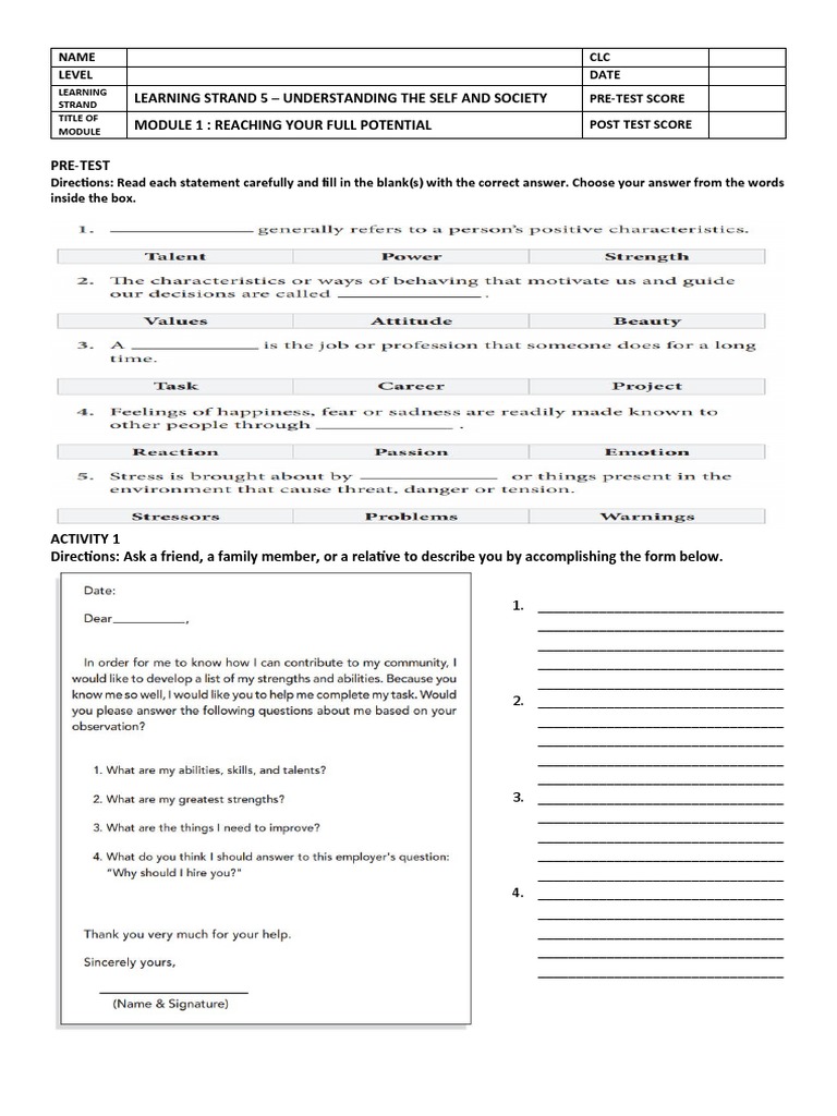 2022 - LS5 Understanding The Self and Society Module 1 Reaching Your Full Potential ALS | PDF ...