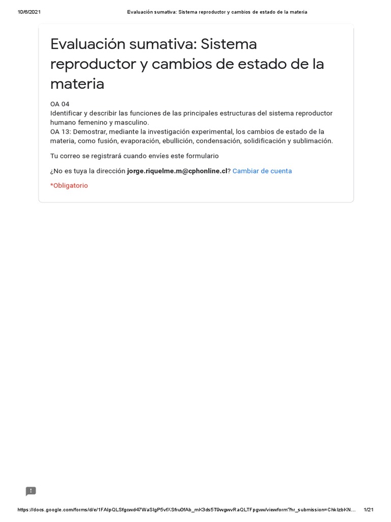 Evaluación Sumativa - Sistema Reproductor y Cambios de Estado de La Materia PDF | PDF | Sistema ...