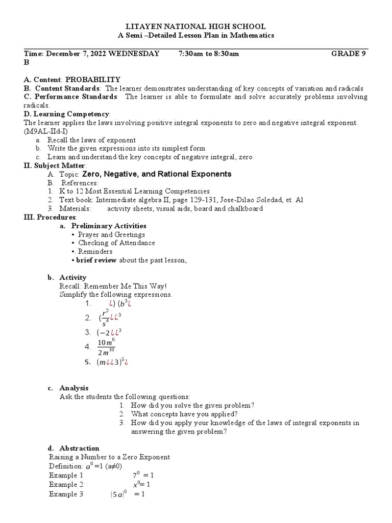 Grade 9 Lesson Plan: Exponents | PDF | Exponentiation | Learning