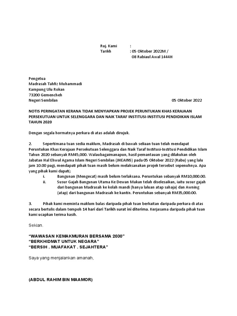 Notis Peringatan KPD Madrasah Tahfiz Muhammadi | PDF