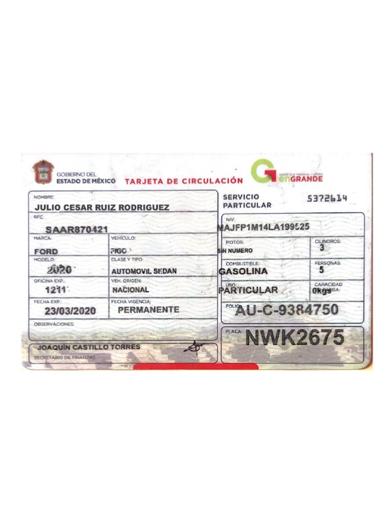 Tarjeta Circulacion | PDF