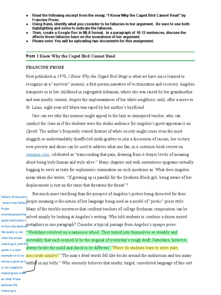 Kami Export - SAM WU - 3C. Assignment - Prose, From I Know Why The Caged Bird Cannot Read | PDF ...