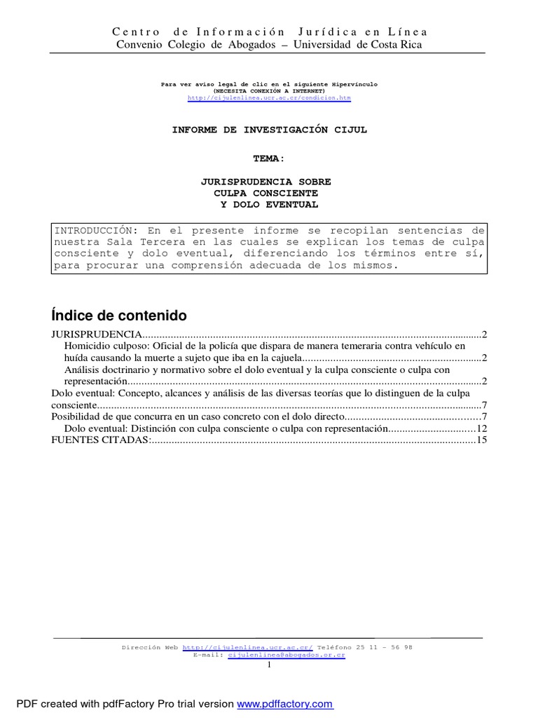 Jurisprudencia Sobre Culpa Consciente y Dolo Eventual | PDF | Intención ...