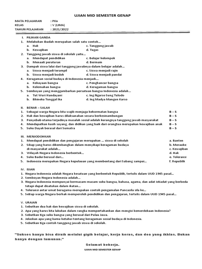 Ujian Mid Semester Genap Kelas 5SD | PDF