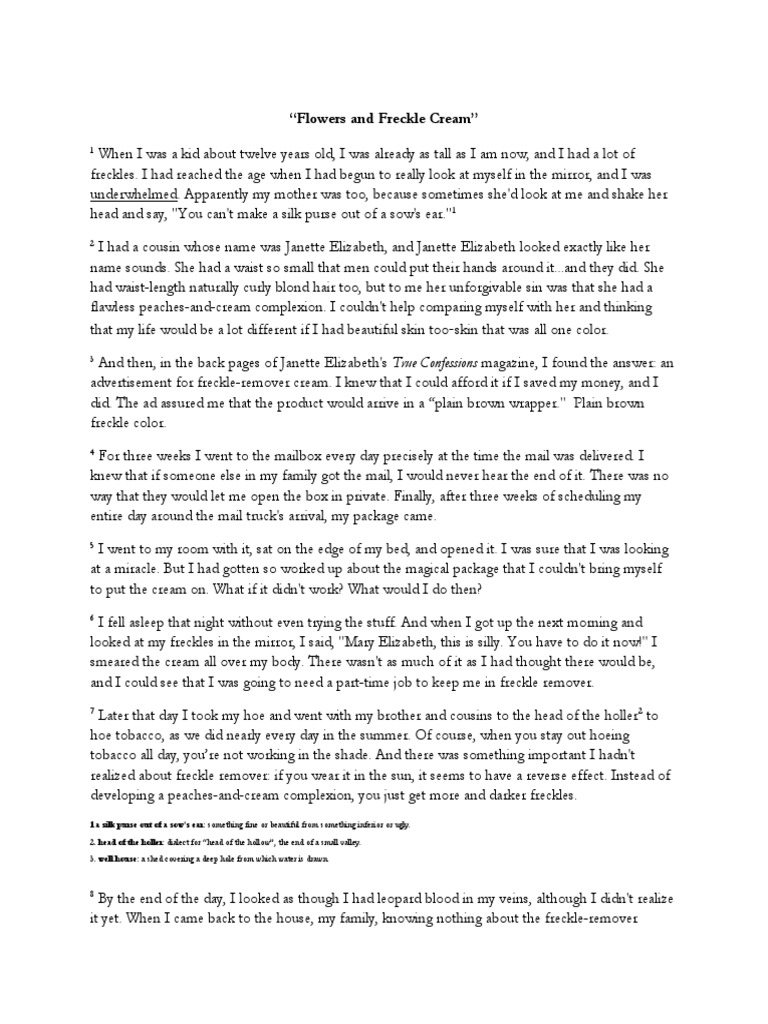 Jackson Horn - Flowers and Freckle Cream Assessment | PDF