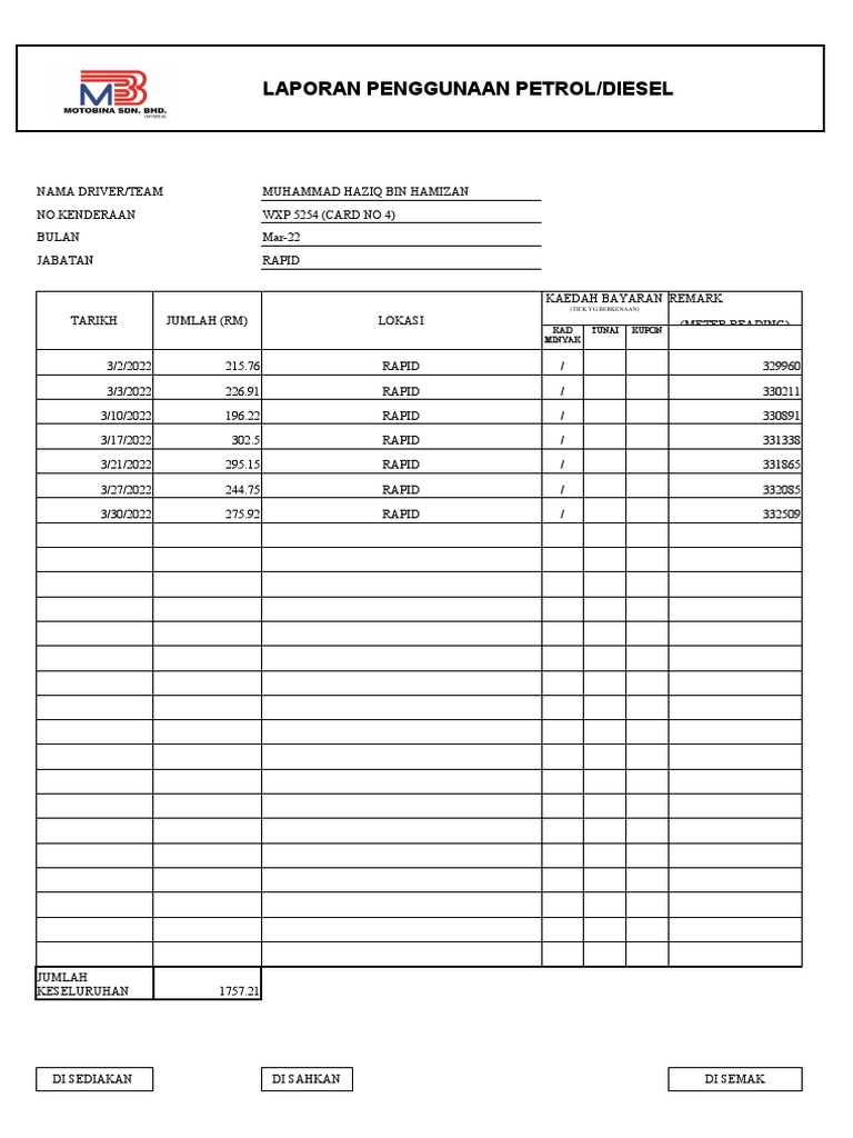 Borang Penggunaan Minyak | PDF