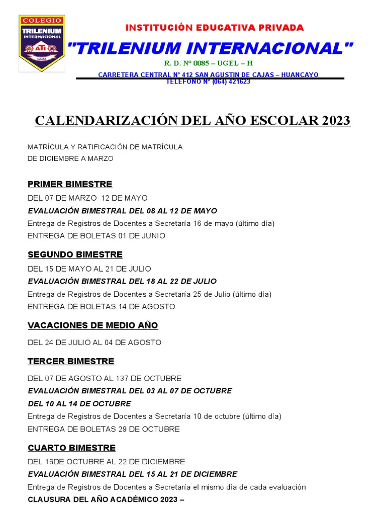 Calendarización Del Año Escolar 2023 | PDF