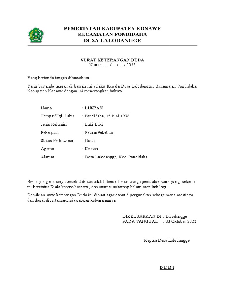 Surat Keterangan DUDA Atau JANDA | PDF