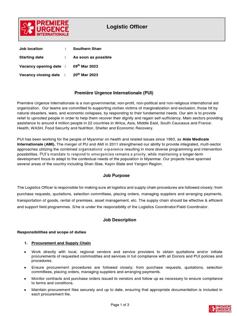 Logistic Officer: Première Urgence Internationale (PUI) | PDF ...