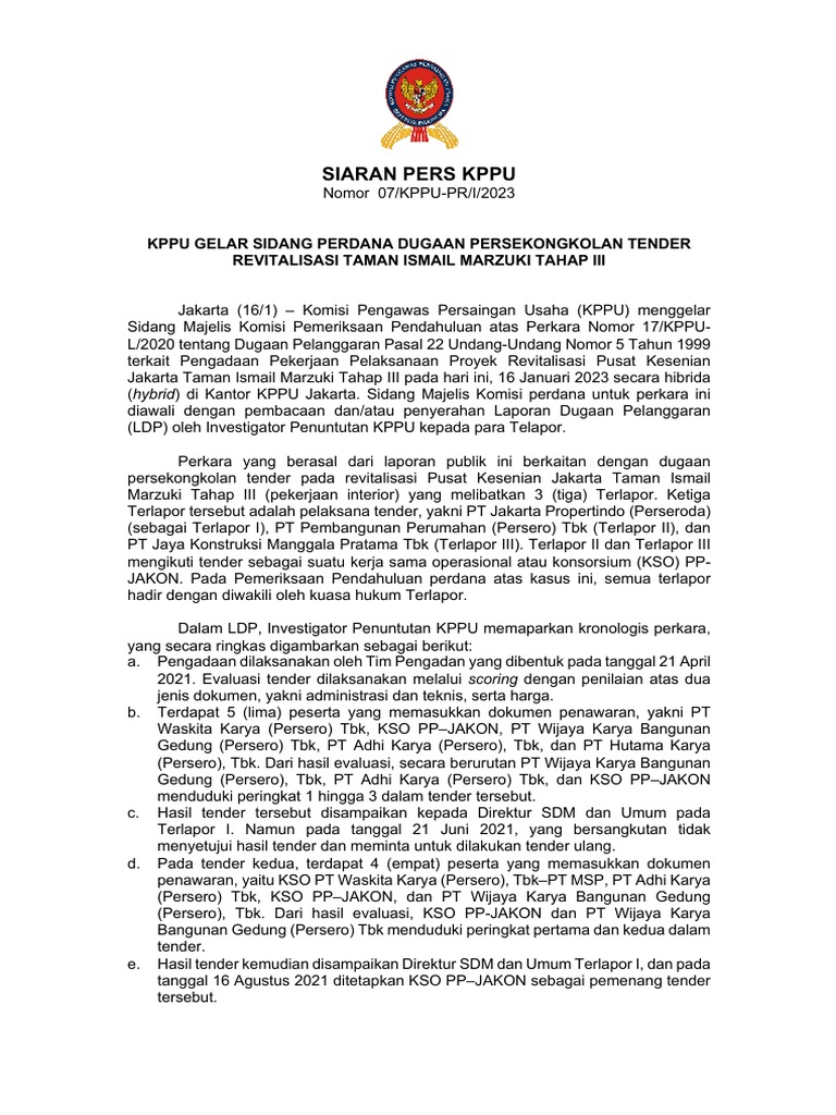 Siaran Pers No. 07 - KPPU - PR - I - 2023 | PDF