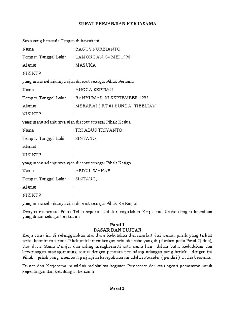 Surat Perjanjian Kerjasama Pendiri TBS | PDF