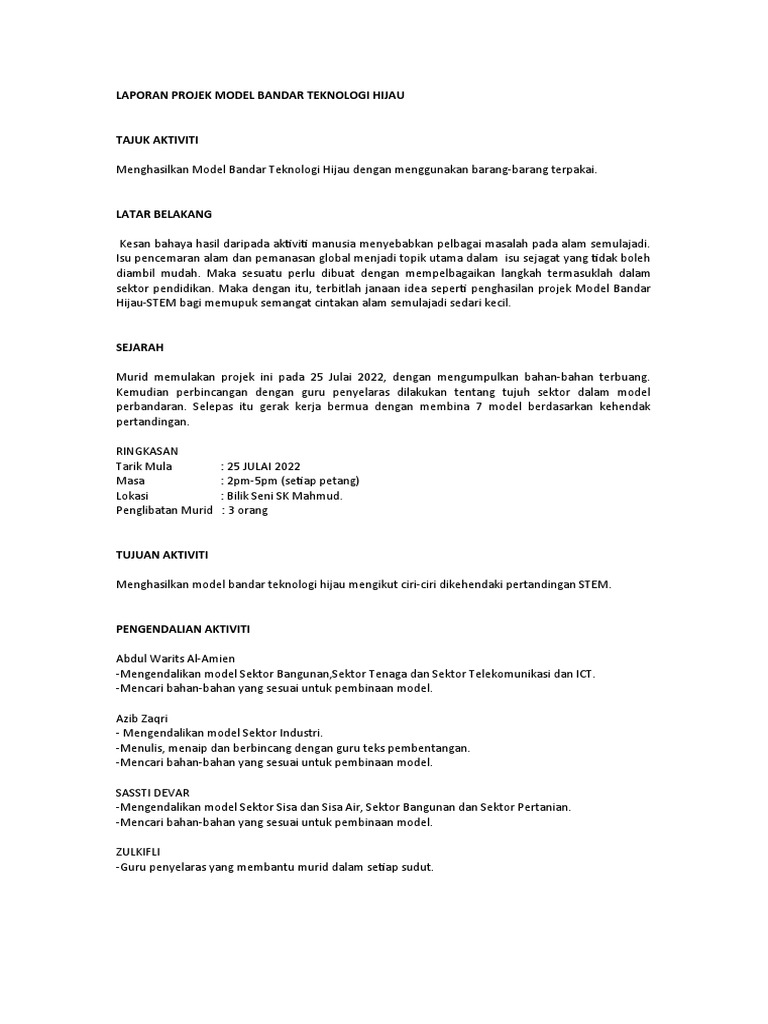 Laporan Projek Bandar Teknologi Hijau | PDF