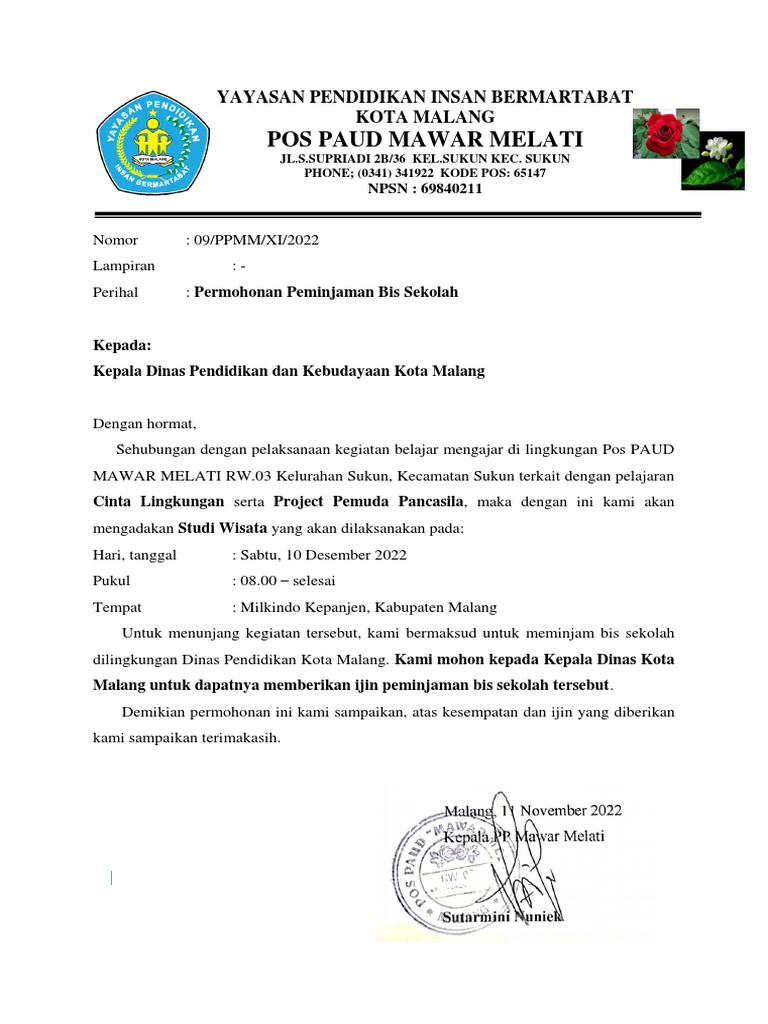 Contoh Surat Permohonan Pinjam Bis Sekolah | PDF