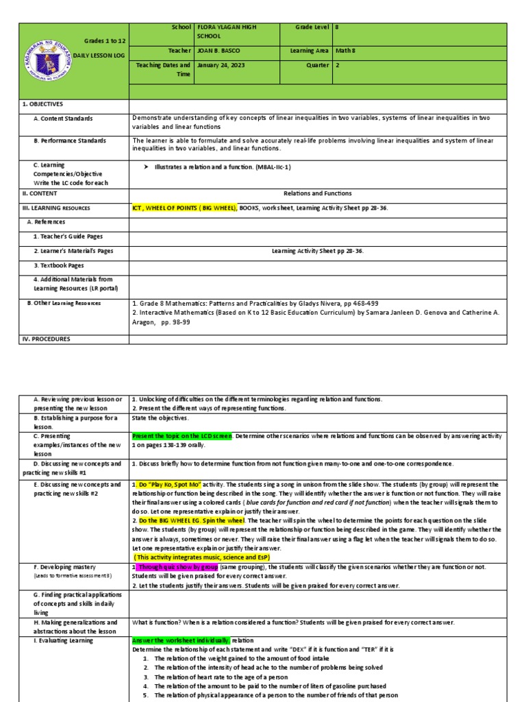 DLL 8 Functions and Relations | PDF | Learning | Mathematics