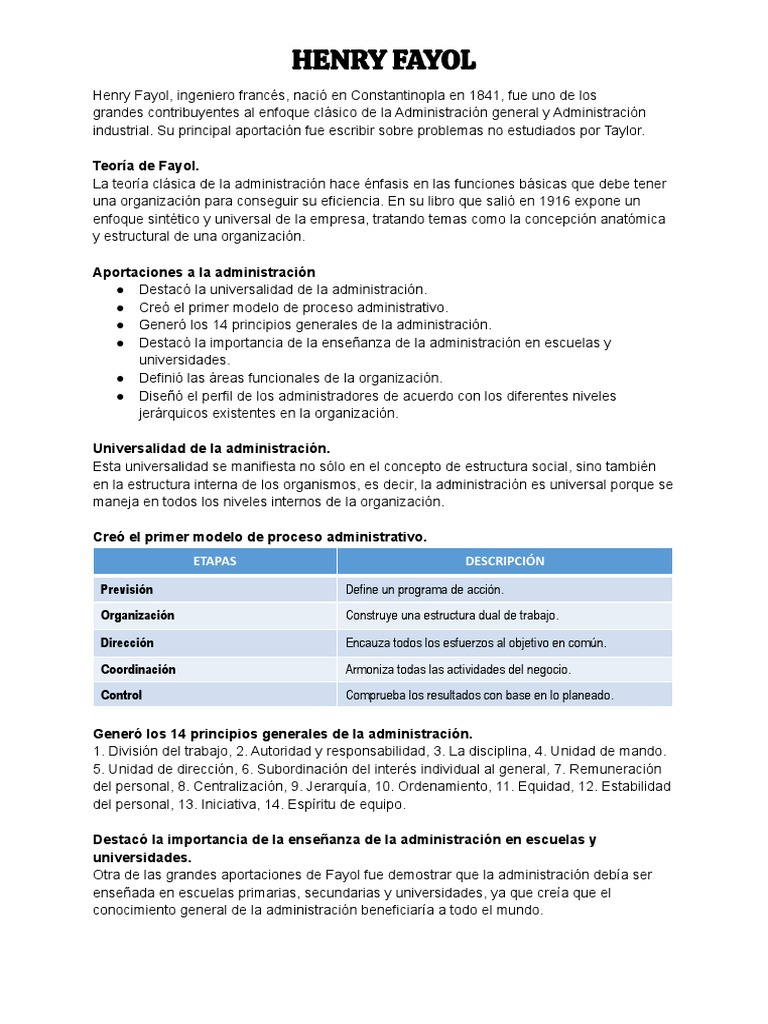 Aportaciones de Henry Fayol a la administración | PDF | Negocios