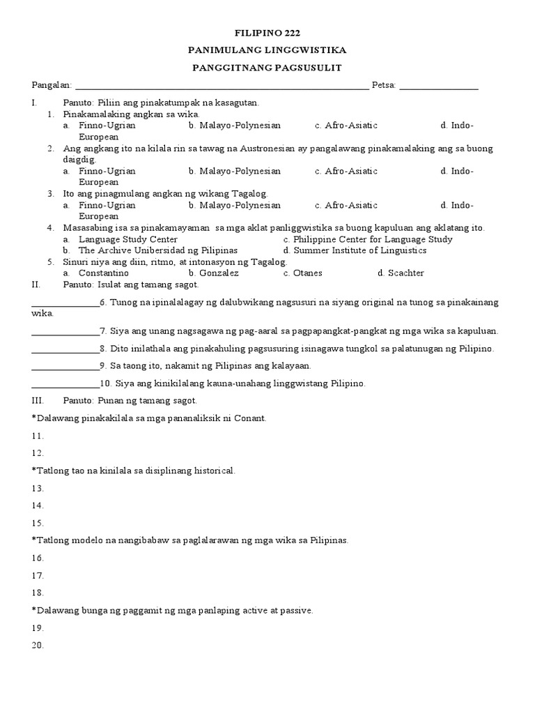 Filipino 222 Midterm Exam | PDF