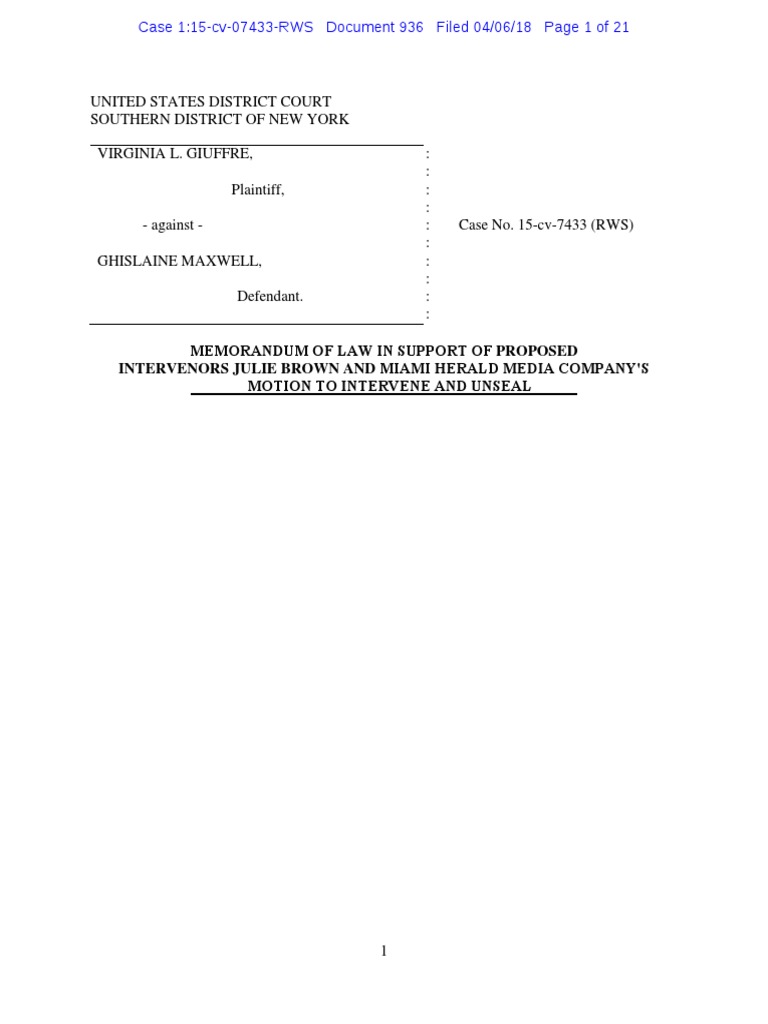 Motion to Unseal Epstein Documents | PDF | Discovery (Law) | Summary ...