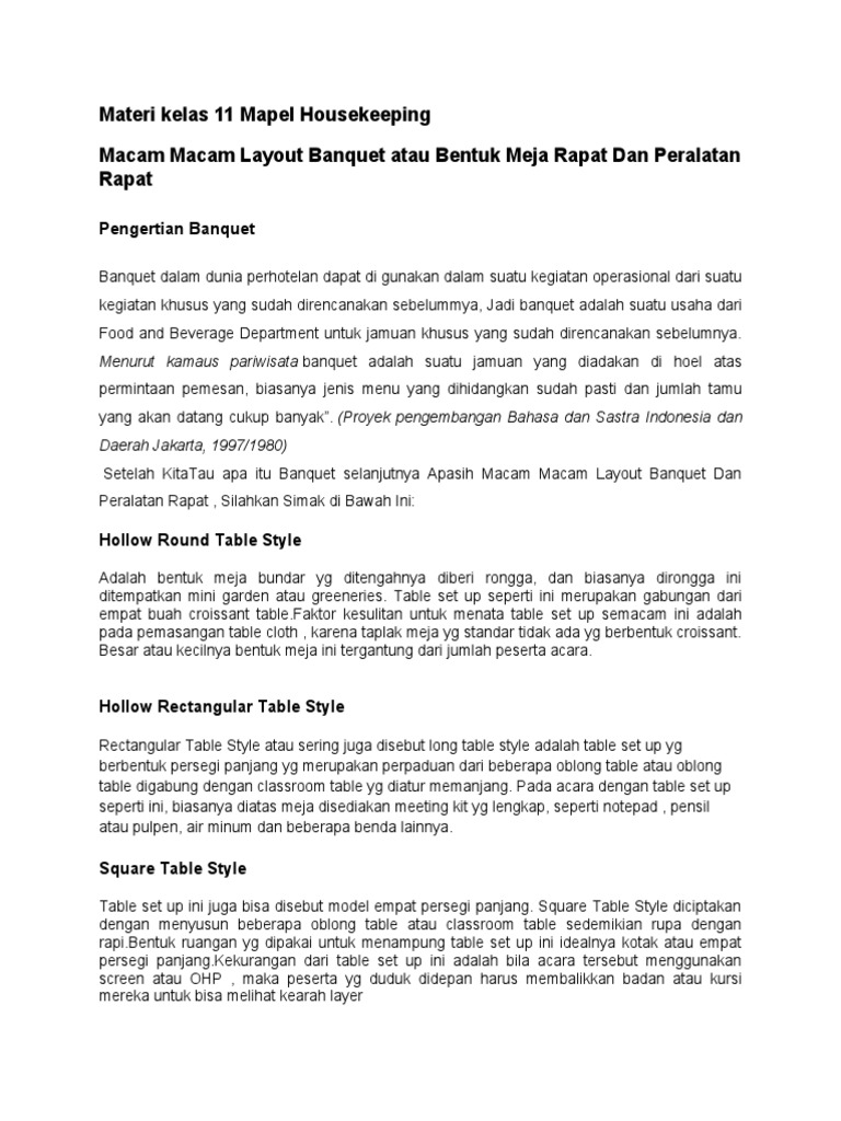 Layout Banquet dan Kode Kamar Hotel | PDF