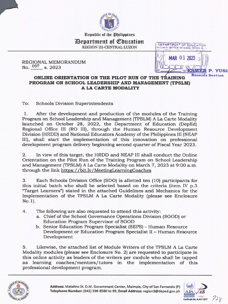 RM No. 097 s.2023 Online Orientation On The Pilot Run of The Training ...