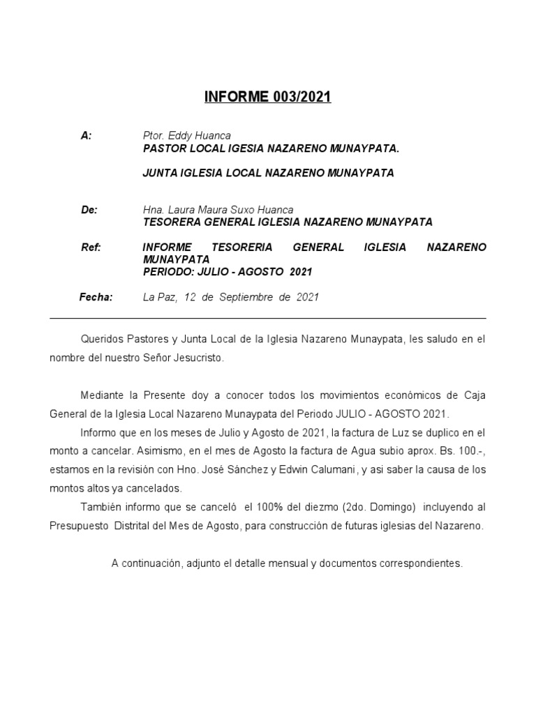 Informe Mensual de Tesoreria Julio-Agosto 2021 | PDF